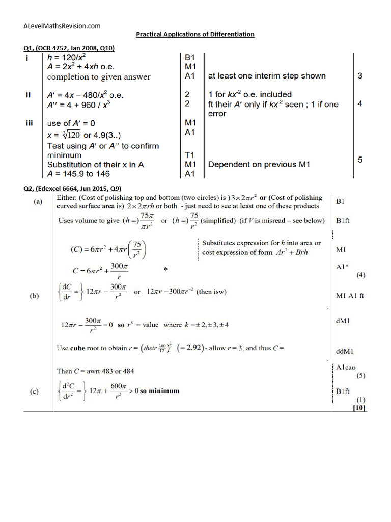 y1 Pure Practical Applications of Differentiation Exam Questions Ms | PDF