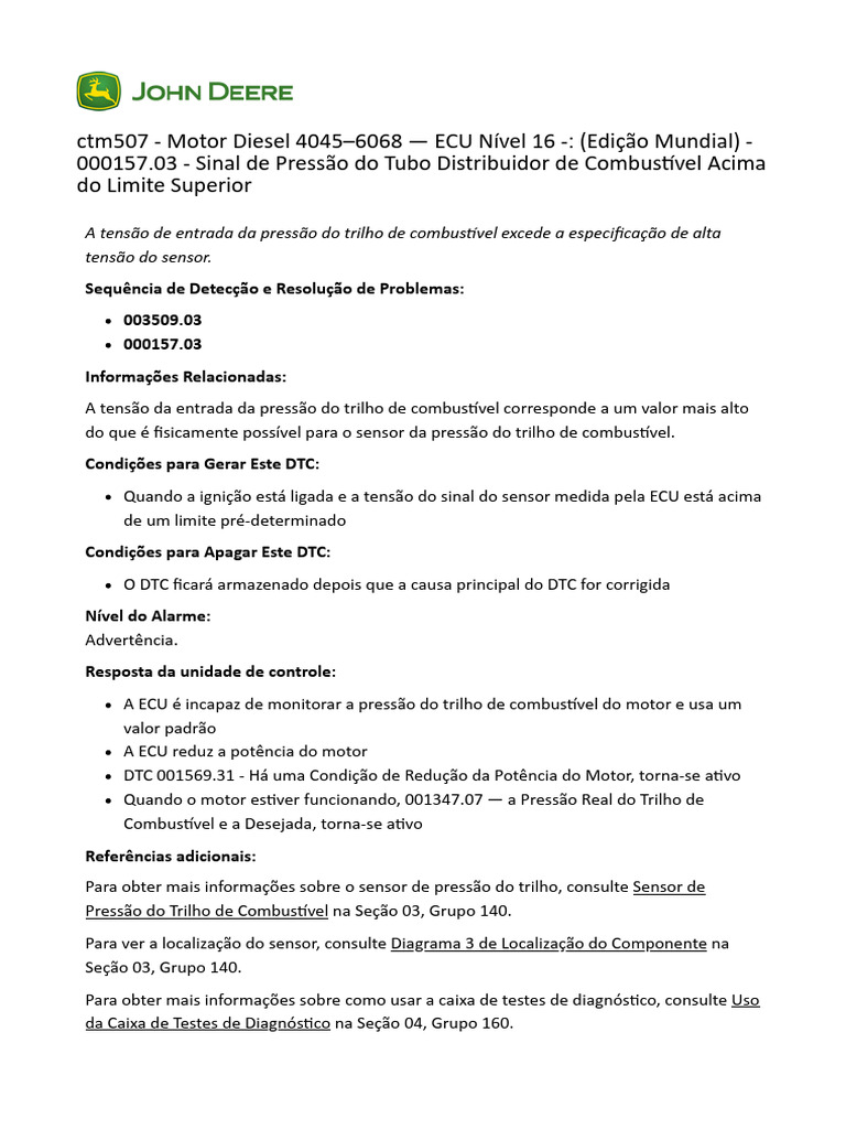 000157.03 - Sinal de Pressão do Tubo Distribuidor de Combustível Acima do Limite Superior ...