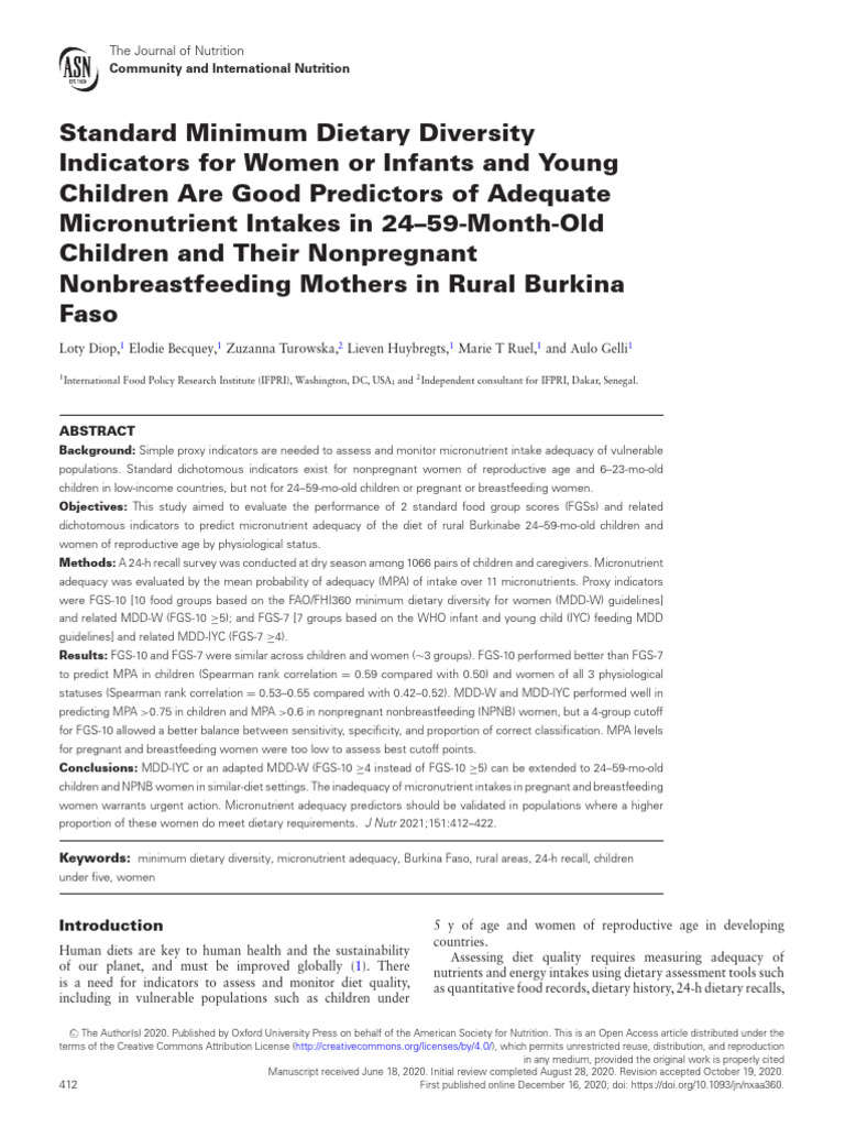 Standard Minimum Dietary Diversity Indicators for | PDF