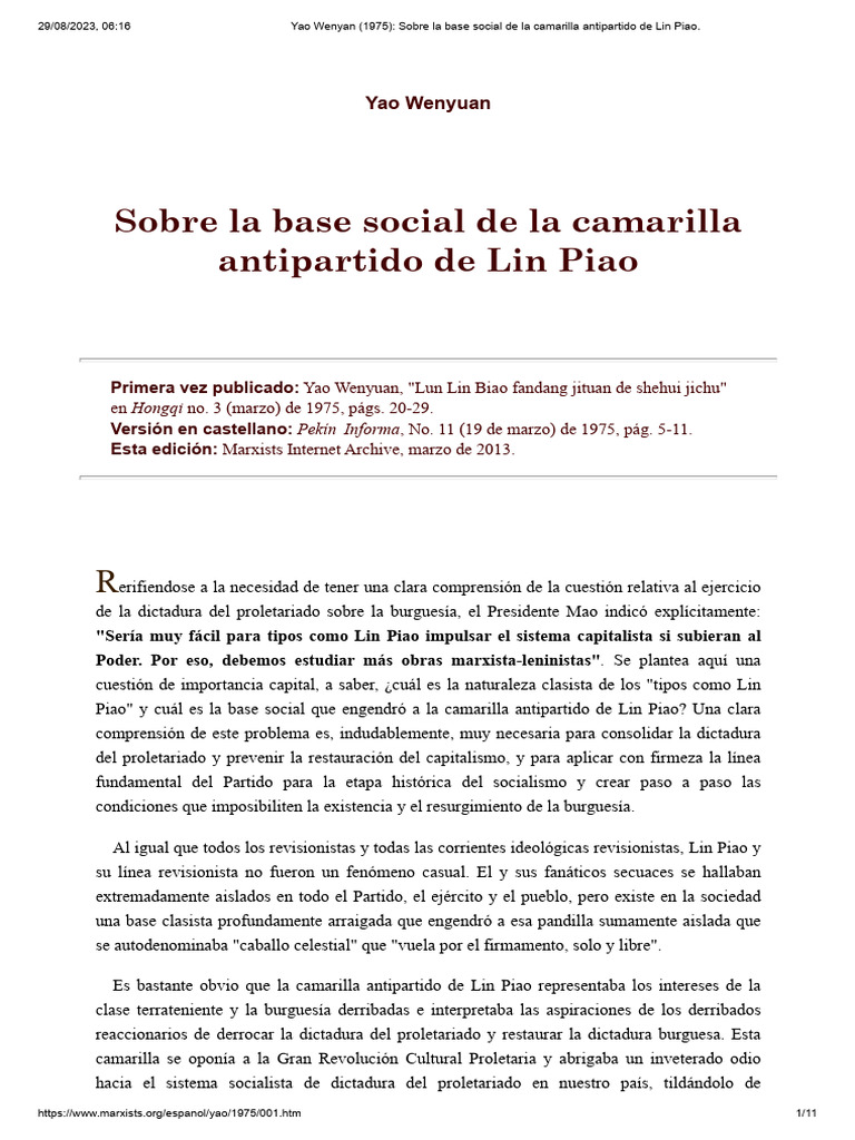 Base social de la camarilla de Lin Piao | PDF | Socialismo | Chiang Kai ...