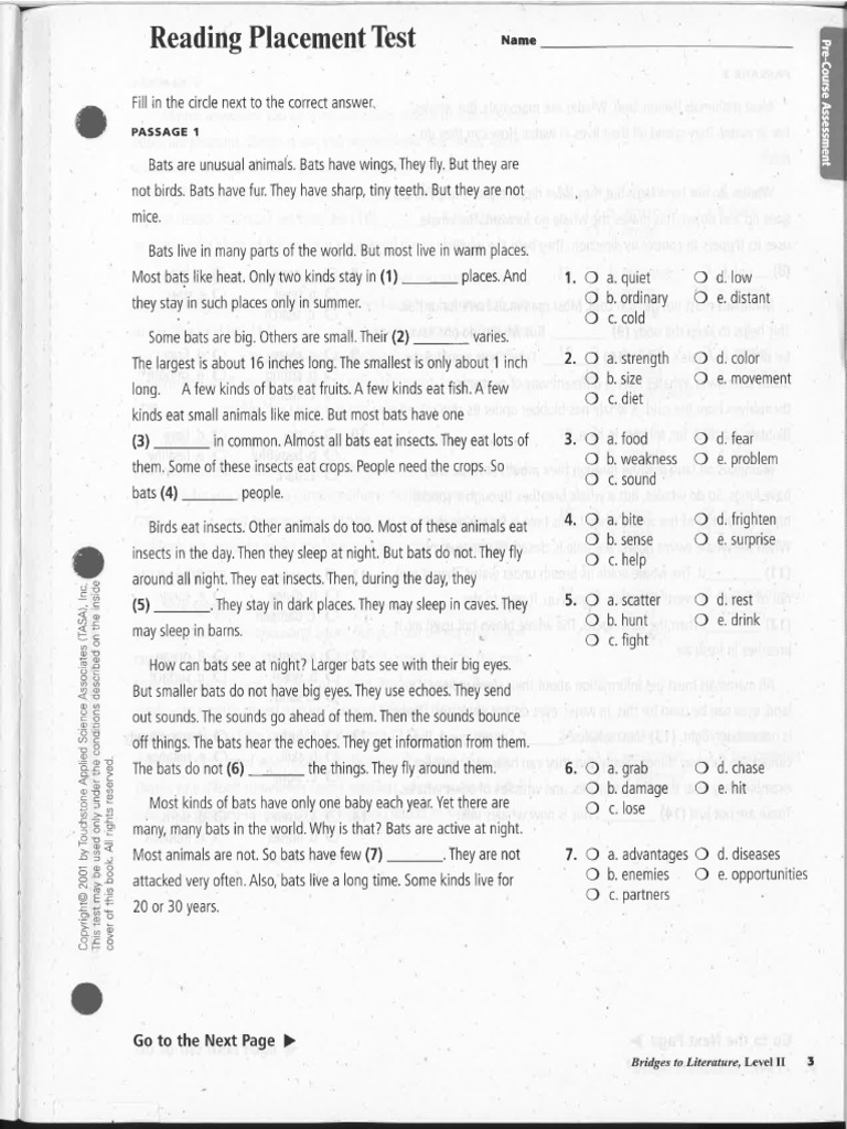Bridges-Reading Placement Test | PDF