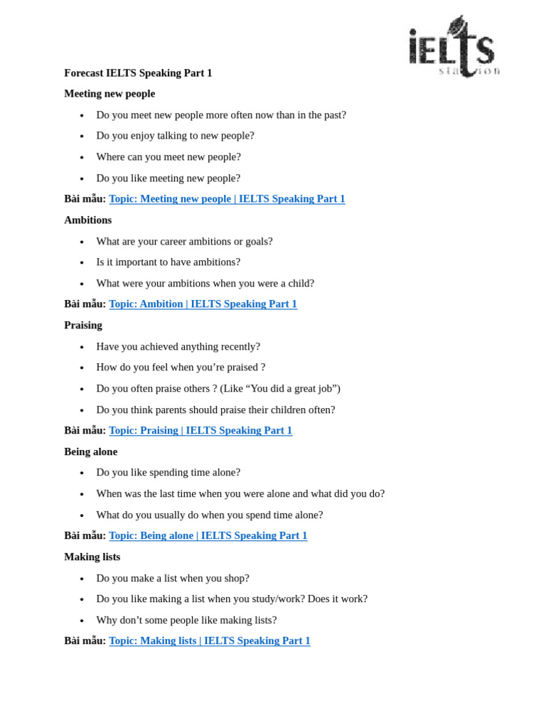 Forecast IELTS Speaking Part 1 Quý 2 2025 | PDF