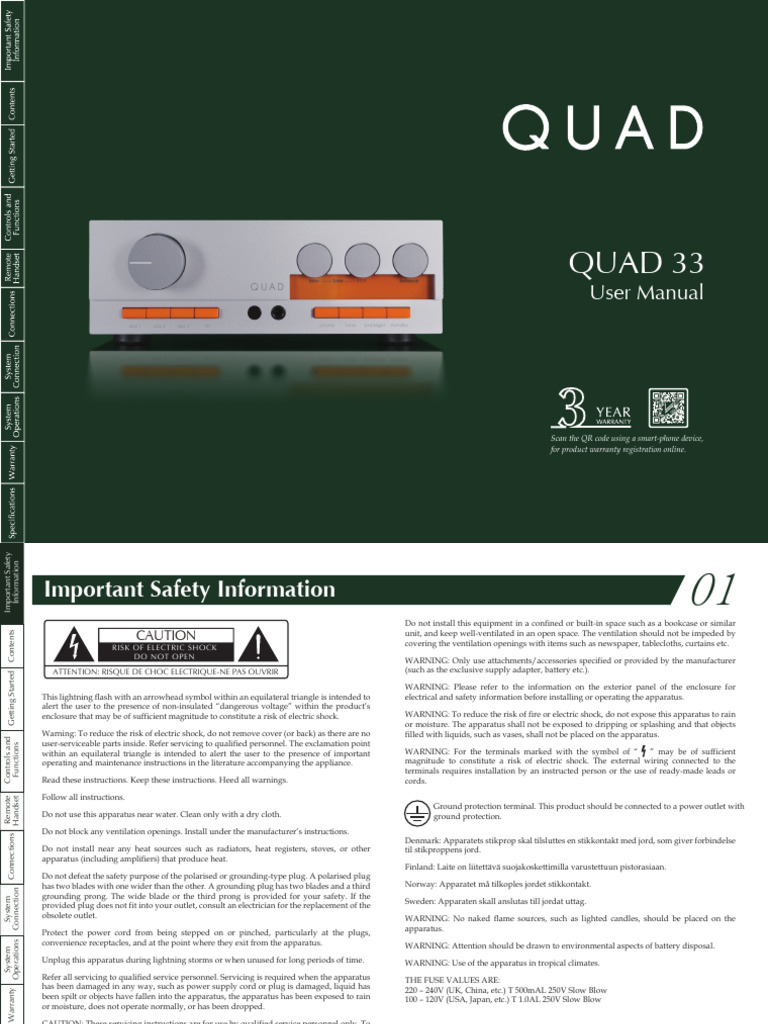 QUAD 33 User Manual and Safety Guide | PDF | Headphones | Electrical ...