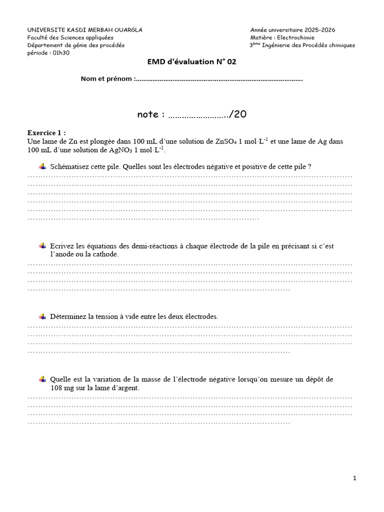 Electrochimie - 2025 - 2026 - Travaux Dirigé N°2 - 3 ING - EMD - TD | PDF
