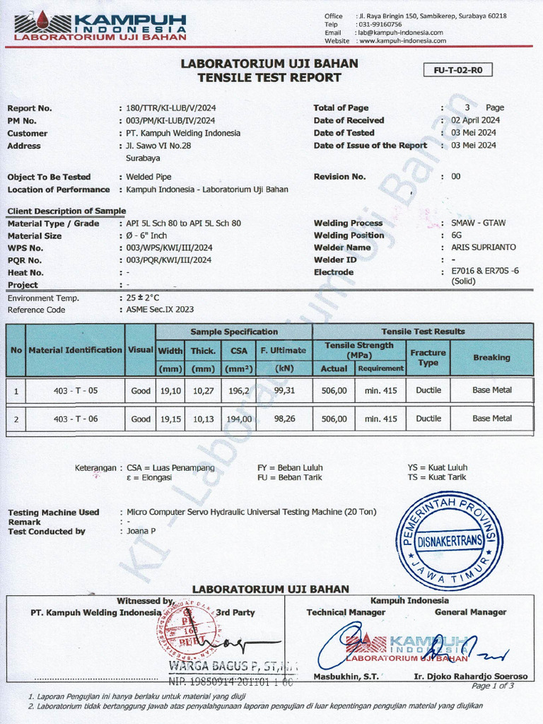 Tensile Test Report API 5L Sch.80 | PDF
