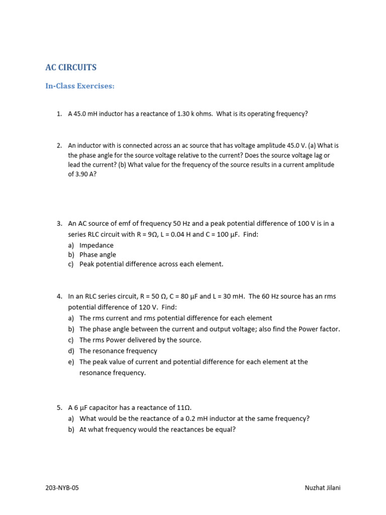 AC Circuits In-Class Exercises Guide | PDF | Electrical Impedance ...