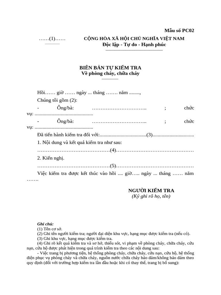 Mẫu Số PC02 - Biên Bản Tự Kiểm Tra Về PCCC | PDF