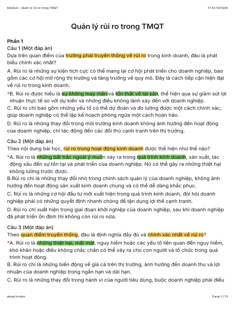 EduQuiz - Quản lý rủi ro trong TMQT | PDF