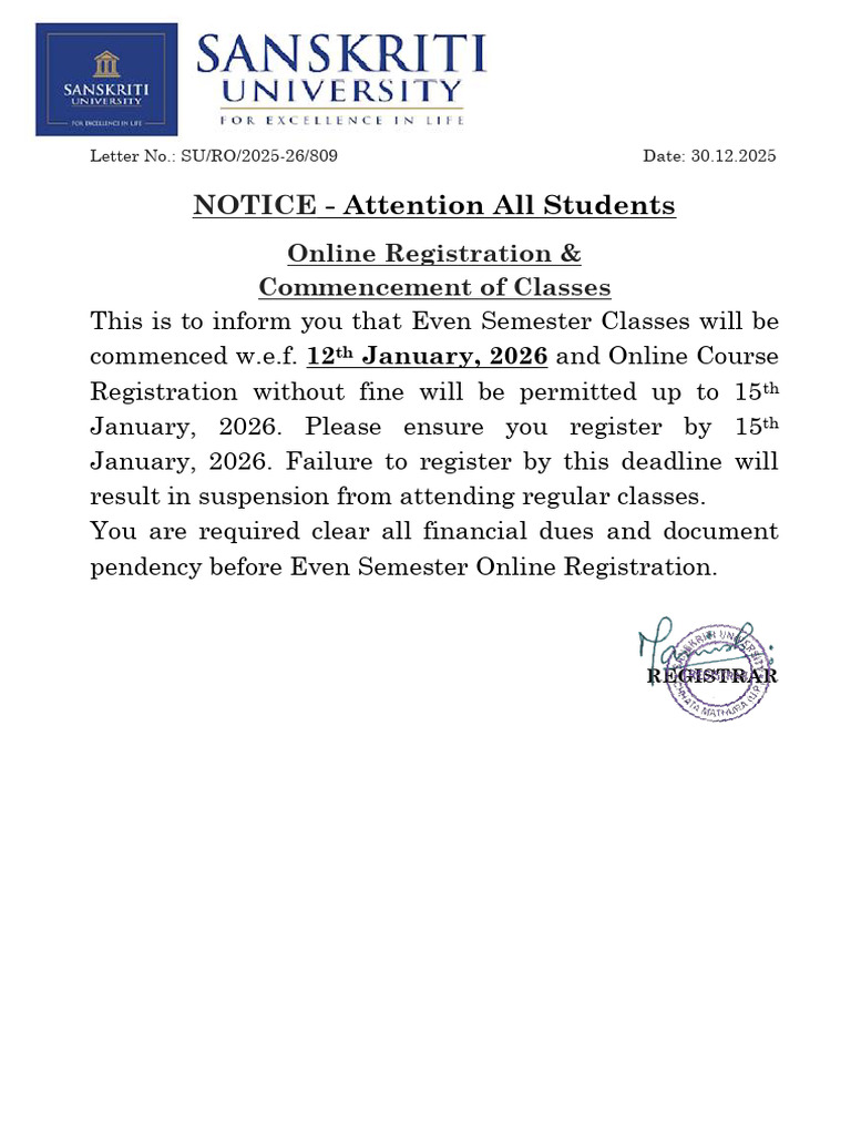 Registration Notice - Even Sem - 2025-26-260107 - 132119 | PDF