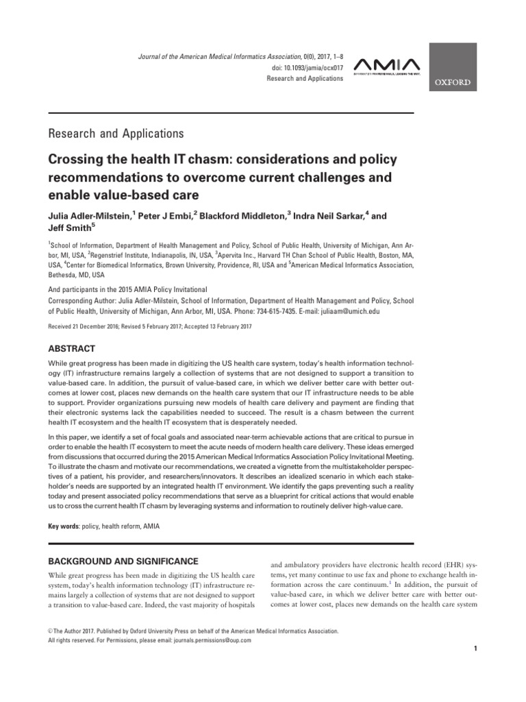 Crossing the Health IT Chasm - Considerations and Policy ...