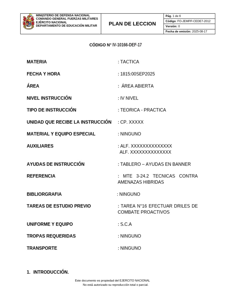 PLAN DE LECCIÓN CT. CRUZ | PDF | Planificación | Militar