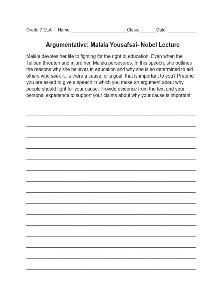 Malala Yousazai - Nobel Lecture - Compare and Contrast HW 3 | PDF ...