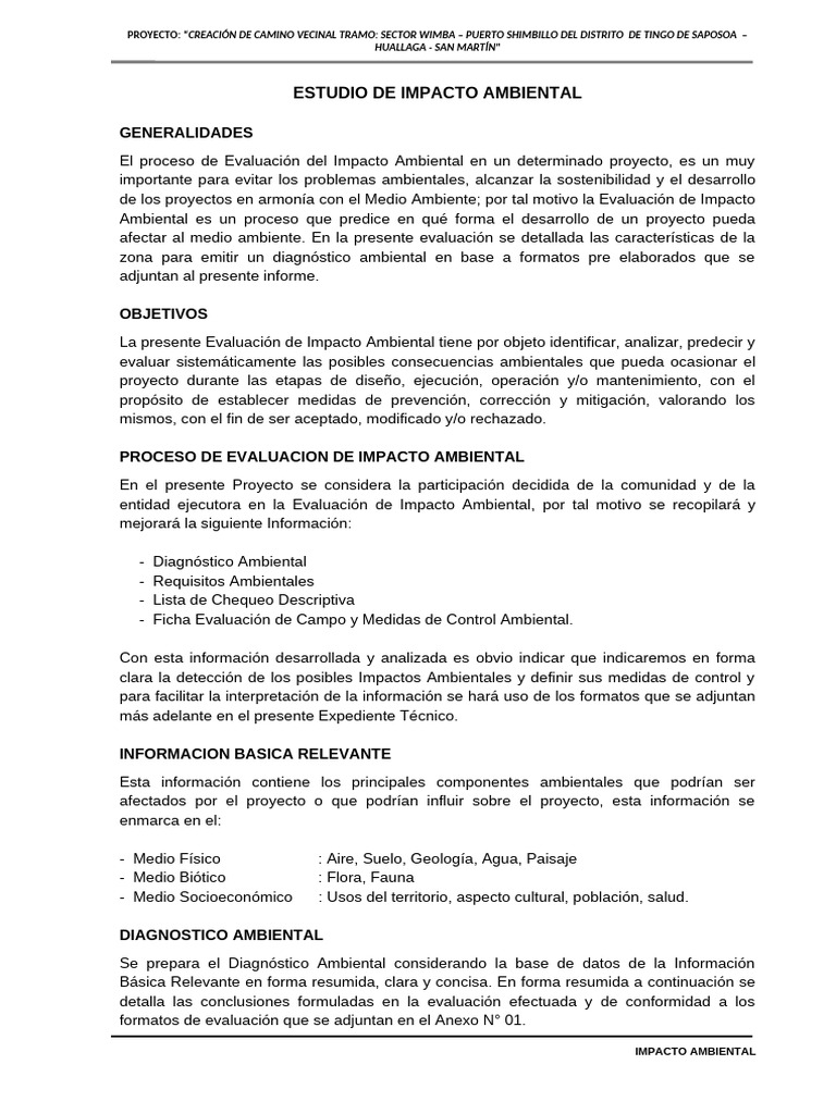 ESTUDIO DE IMPACTO AMBIENTAL tingo de saposoa | PDF | Evaluación de ...
