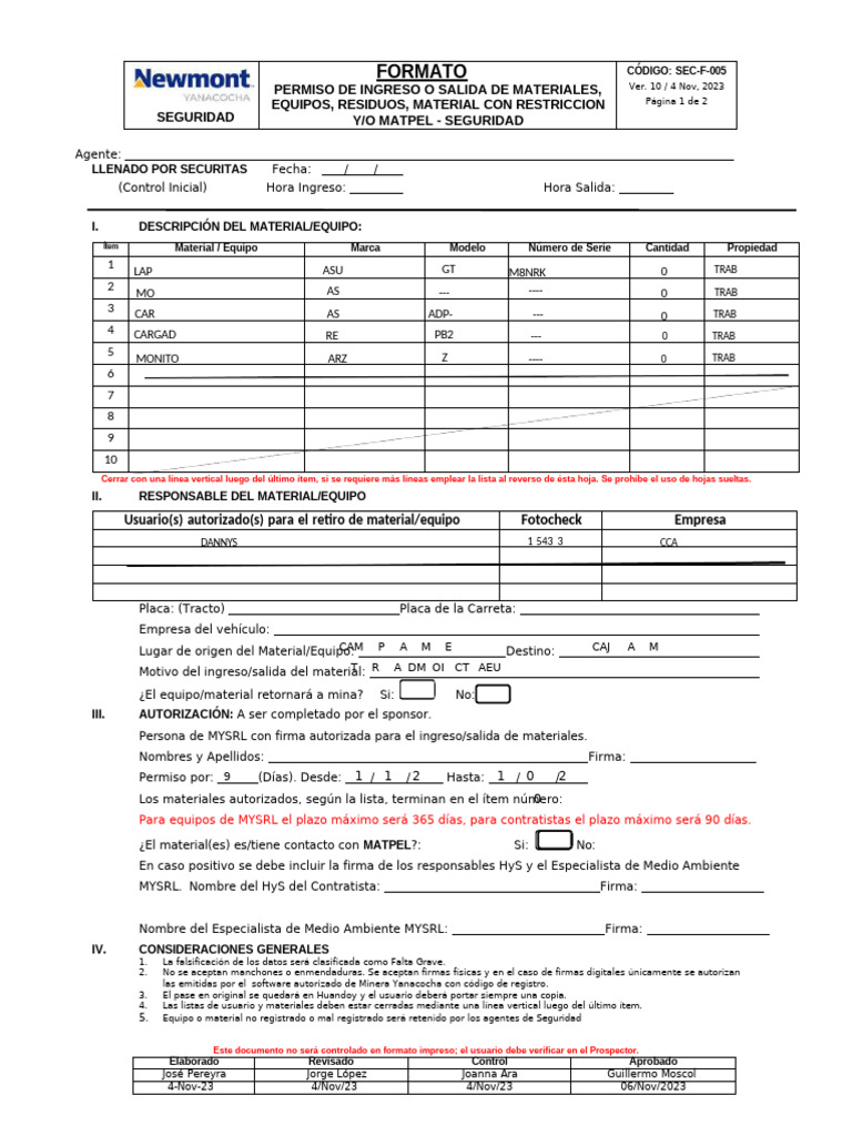 CCA_101.F-005-Ingreso y Salida de Materiales. Dany Silvar | PDF