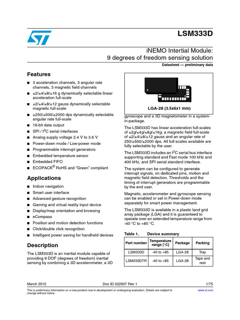 lsm333d_datasheet | PDF | Computer Engineering | Electrical Engineering