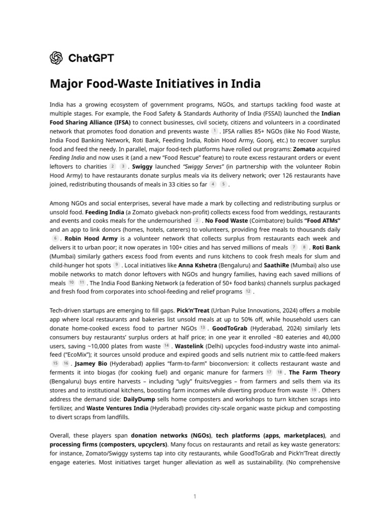 Major Food-Waste Initiatives in India | PDF | Hunger | Restaurants