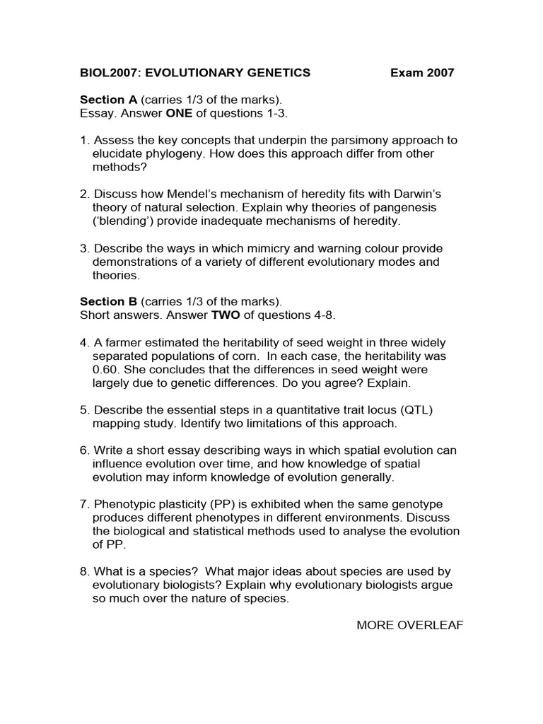 Evolutionary Genetics Exam 2007 | PDF | Evolutionary Biology | Biology