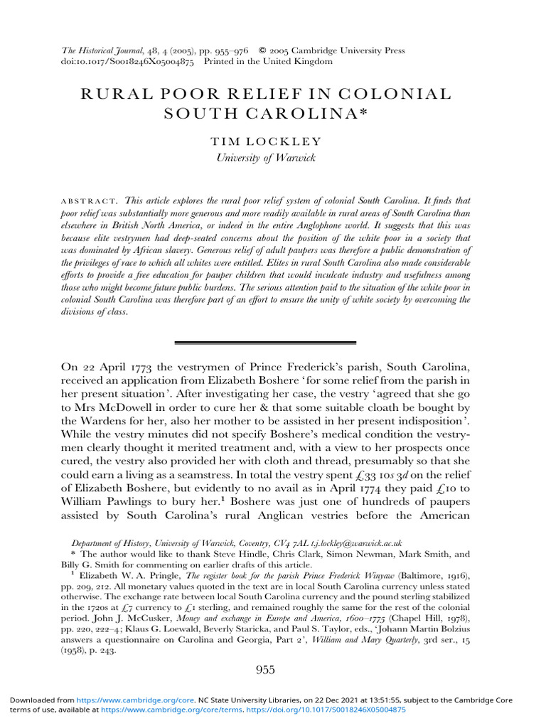 Tim Lockley Rural Poor Relief in Colonial South Carolina | PDF ...