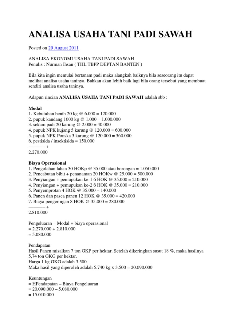 Analisa Usaha Tani Padi | PDF
