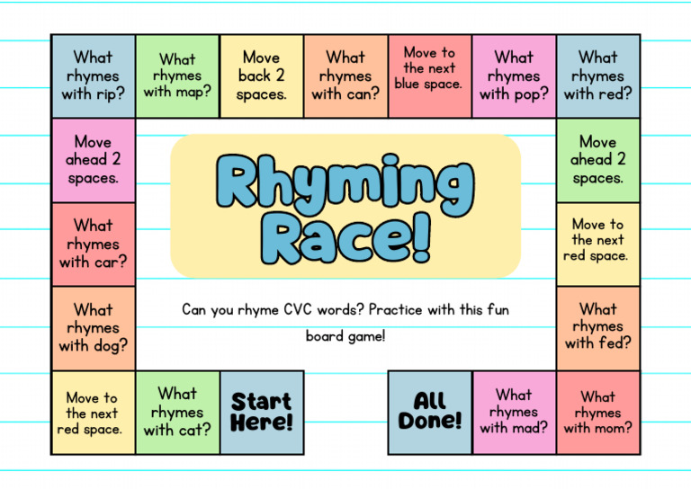 Rhyming Race Printable Board Game in Colorful Illustrative Style | PDF