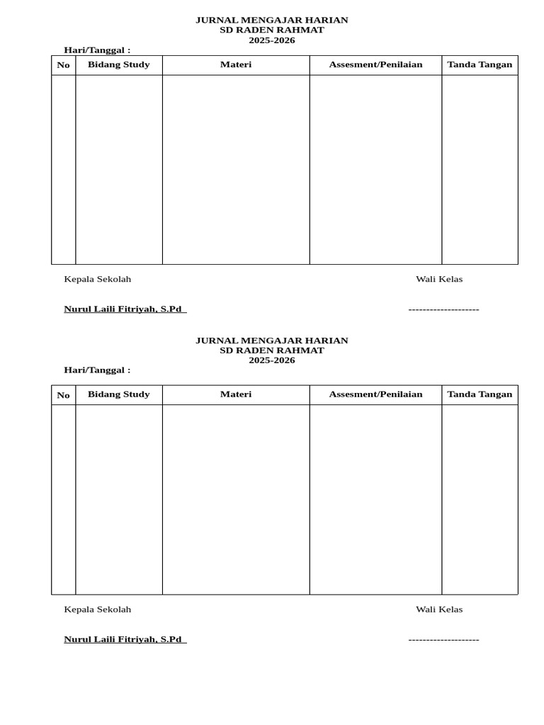 Jurnal Mengajar Harian SD Raden Rahmat | PDF