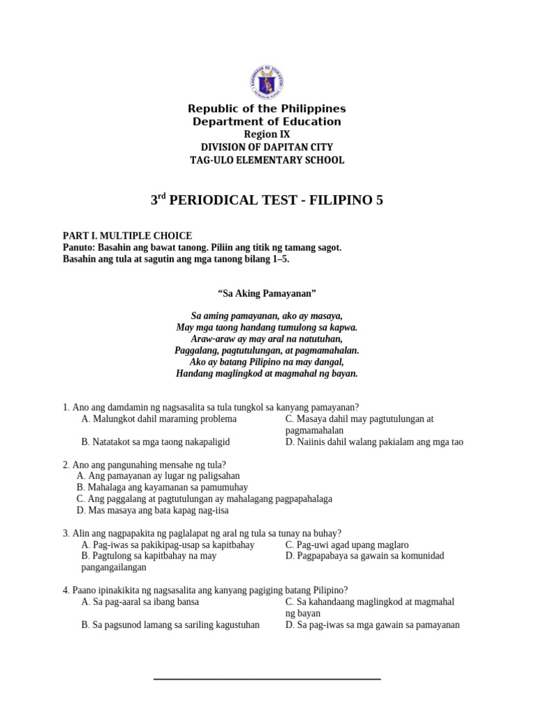 DTC - PT - q3 Filipino 5 Matatag With Tos Key | PDF