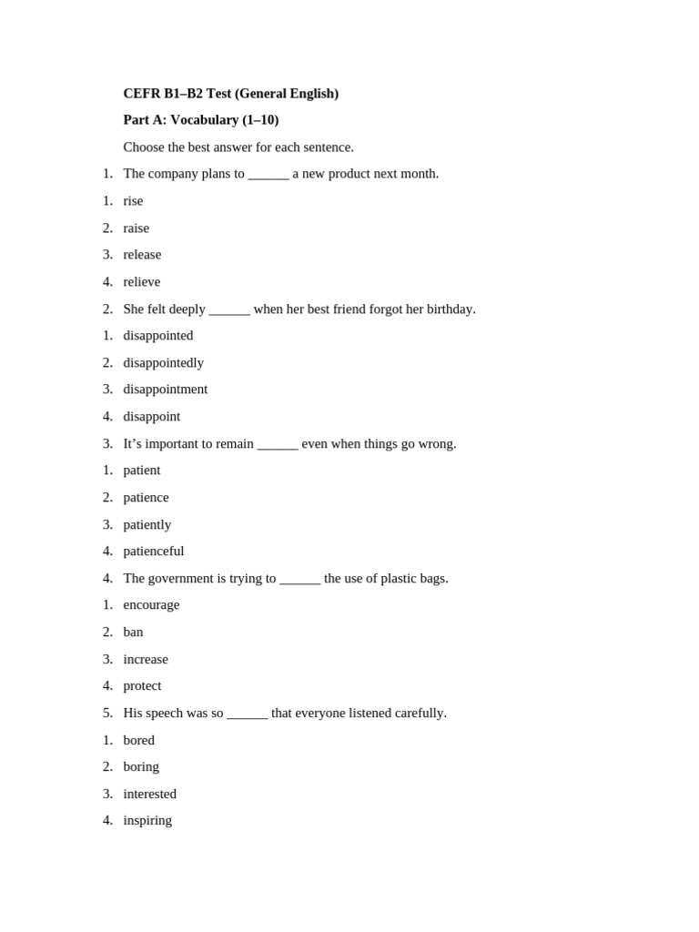 CEFR B1-B2 English Test: Vocabulary & Grammar | PDF