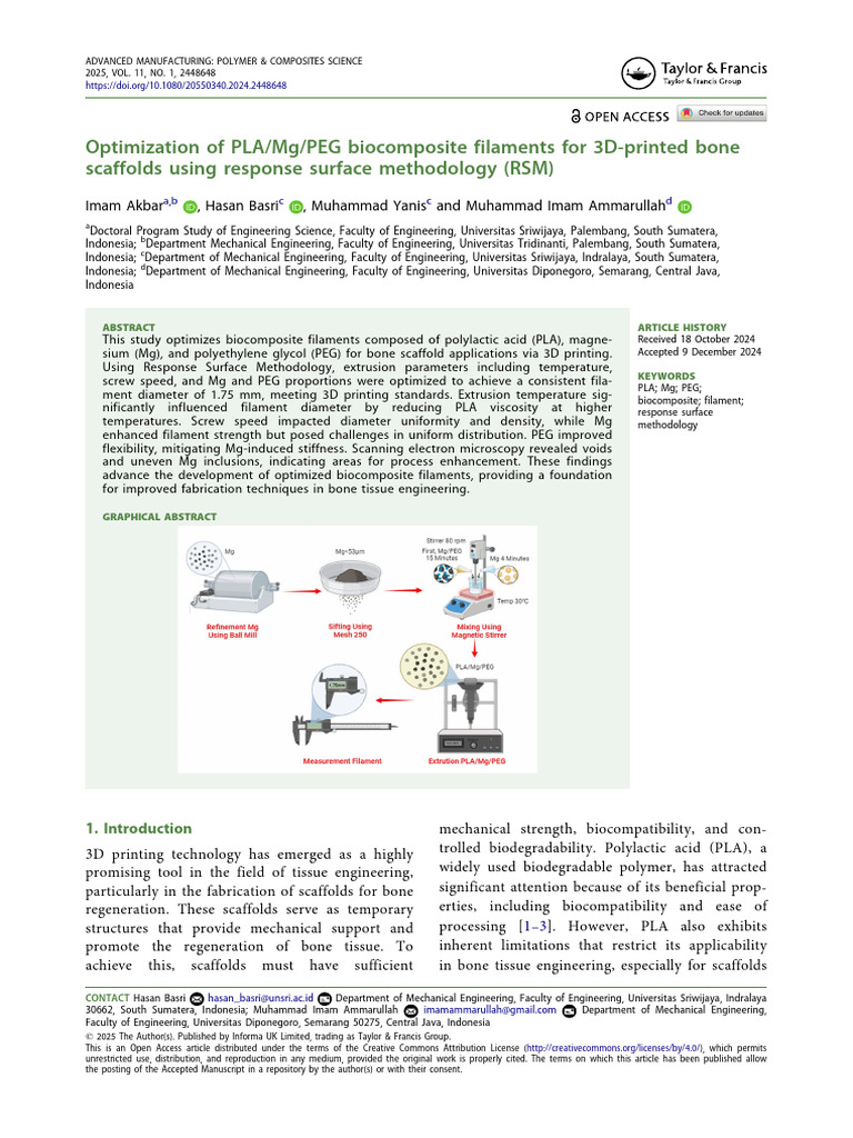 Optimization of PLA/Mg/PEG Biocomposite Filaments For 3d-Printed Bone ...