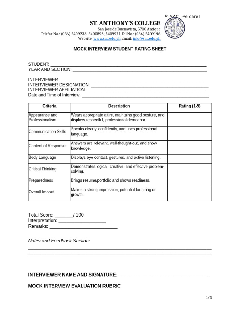 Mock Interview Student Rating - For Interviewers 101725 (1) | PDF ...