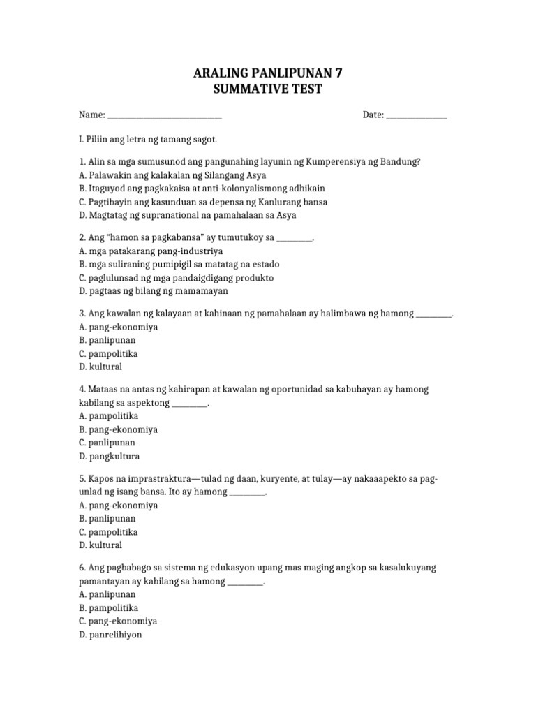 Araling Panlipunan 7_summative Test_q3_st2 (1) | PDF