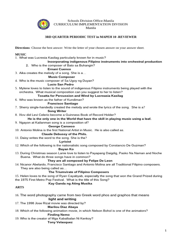 MAPEH 10 3rd Quarter Test Reviewer | PDF