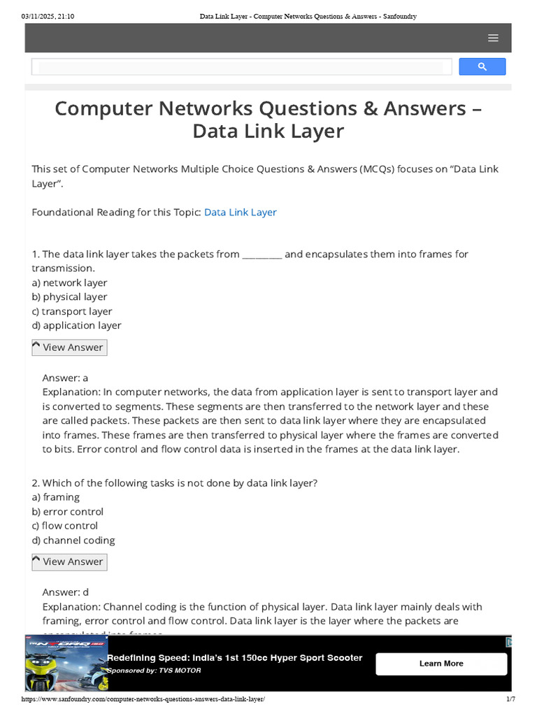 Data Link Layer - Computer Networks Questions & Answers - Sanfoundry ...