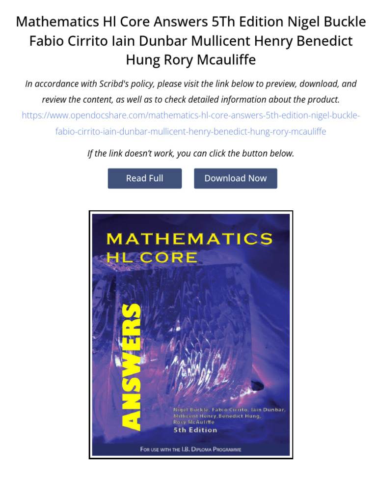 Mathematics HL Core ANSWERS 5th Edition Nigel Buckle Fabio Cirrito Iain ...