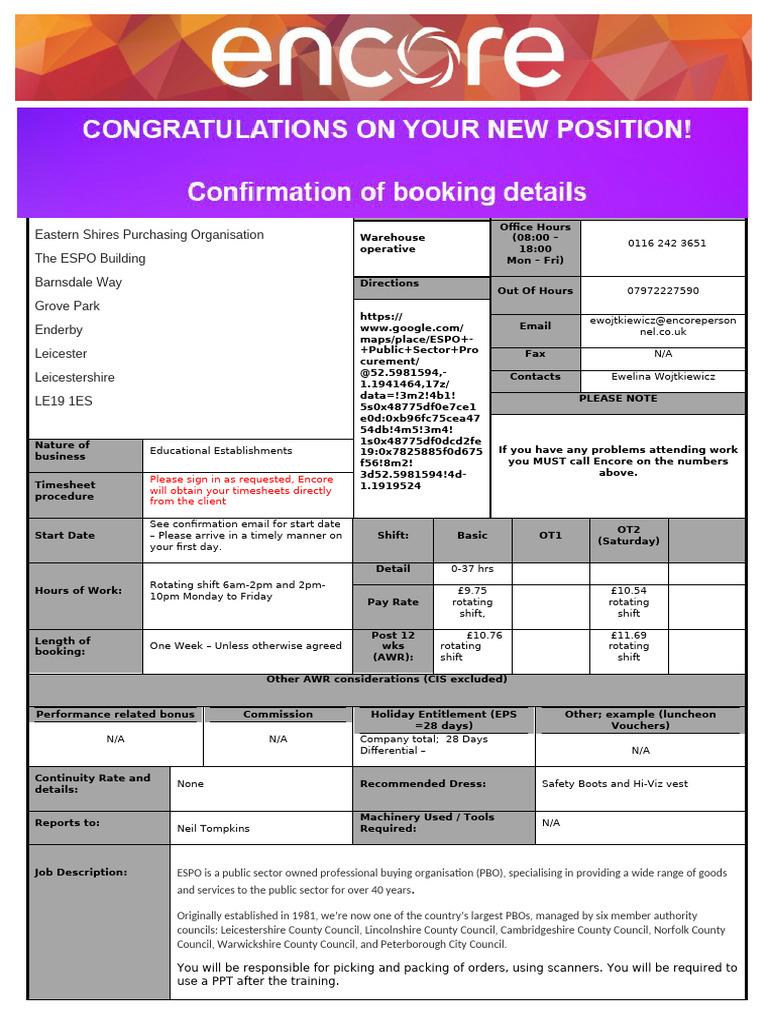 ESPO Warehouse Operative Am and Pm Shift - Rotating Shift | PDF ...