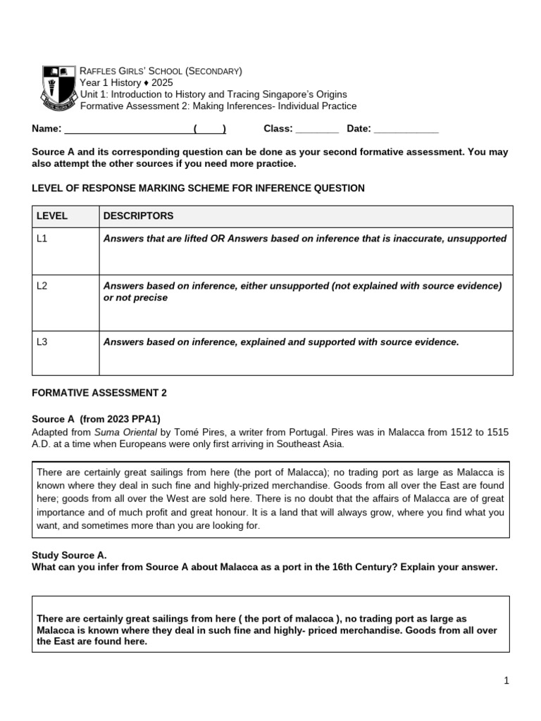 2025 Year 1 History - Term 1 Formative Assessment 2 & SBQ Practice | PDF