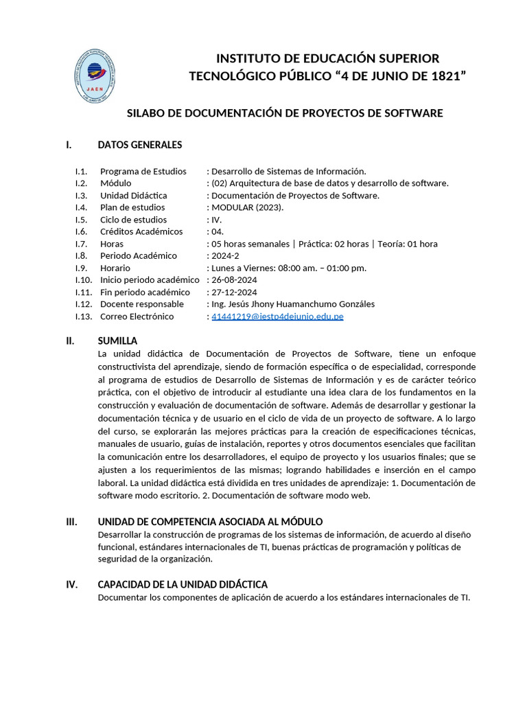 Silabo Documentación de Proyectos de Software 2024 | PDF | Evaluación | Software