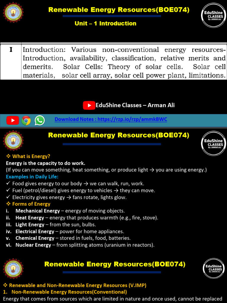 Renewable Energy Resources Unit 1 Easy Notes (EduShine Classes) | PDF ...