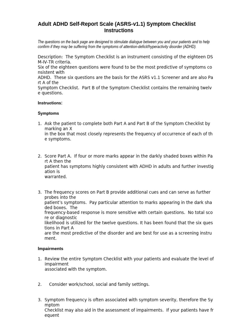 Adult ADHD Symptom Checklist Guide | PDF | Attention Deficit ...