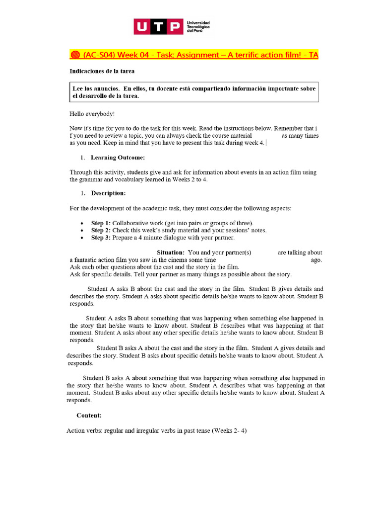 ? (AC-S02) Week 02 - Task Assignment – A terrific action film - TA (INGLES IV) | PDF