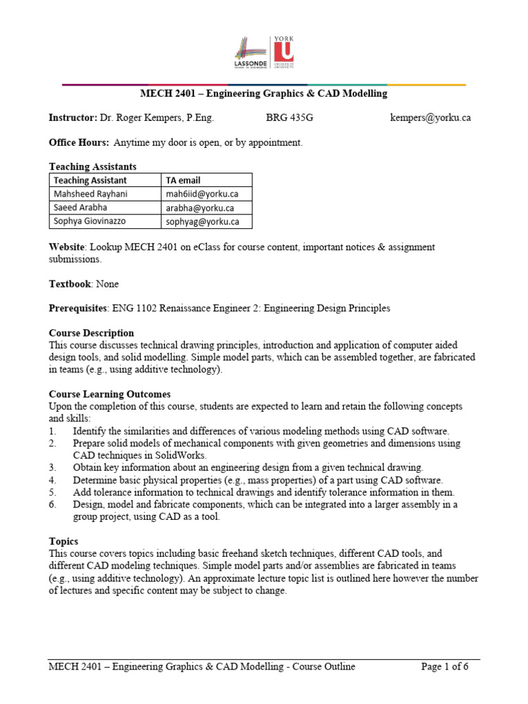 4)2026_W_MECH2401_Syllabus | PDF | Computer Aided Design | Technical ...