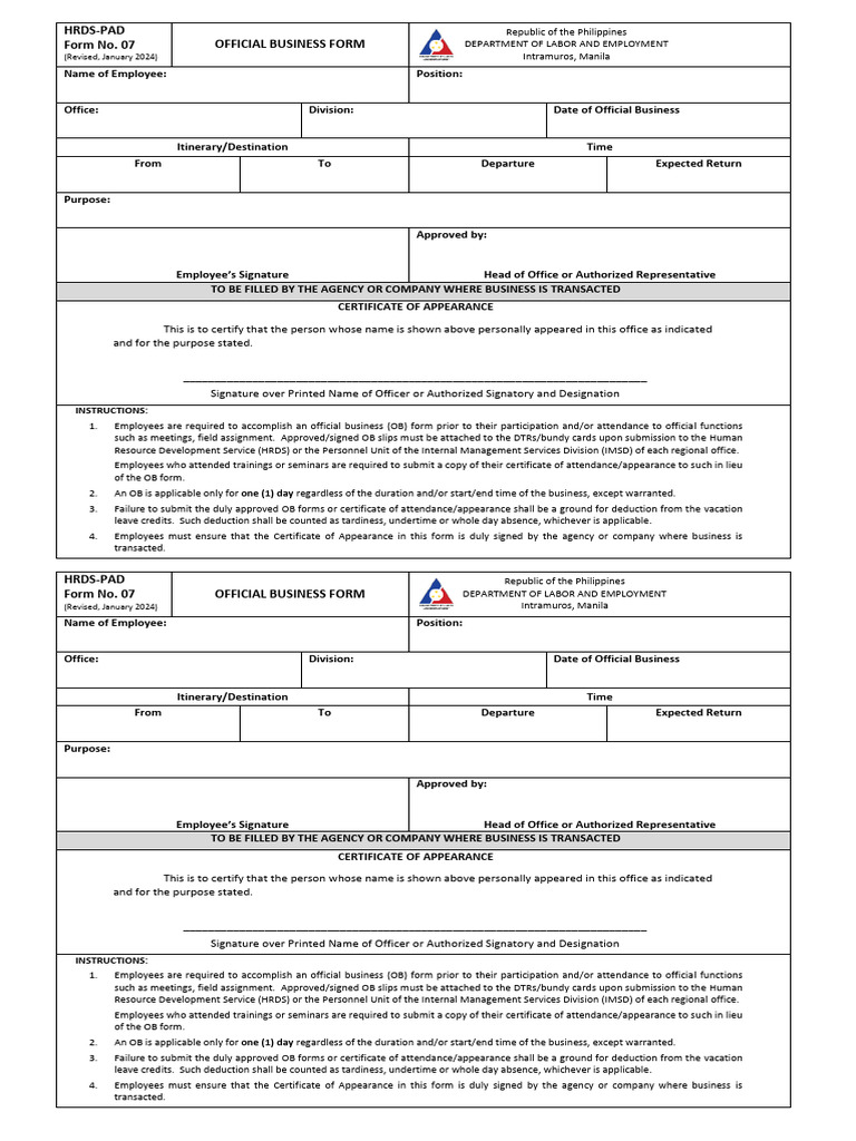 HRDS-PAD Form No. 7 - Official Business (OB) Form (Revised, Jan 2024) | PDF