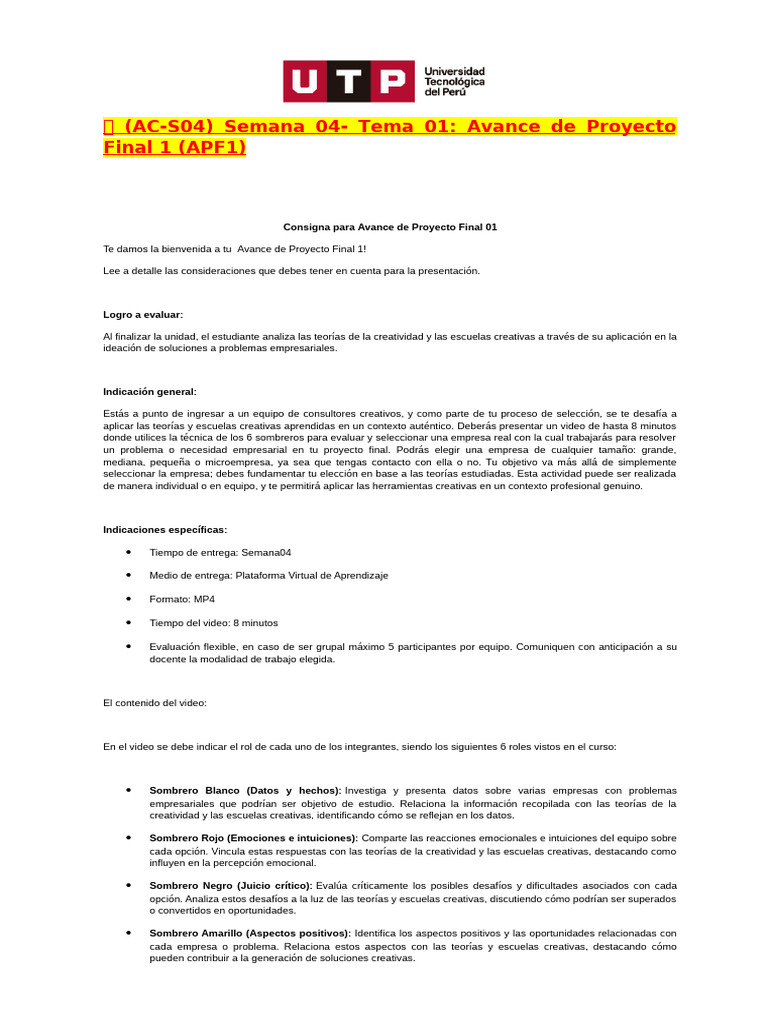 ? (Ac-s02) Semana 02- Tema 01 Avance de Proyecto Final 1 (Apf1) - Creatividad Empresarial | PDF ...