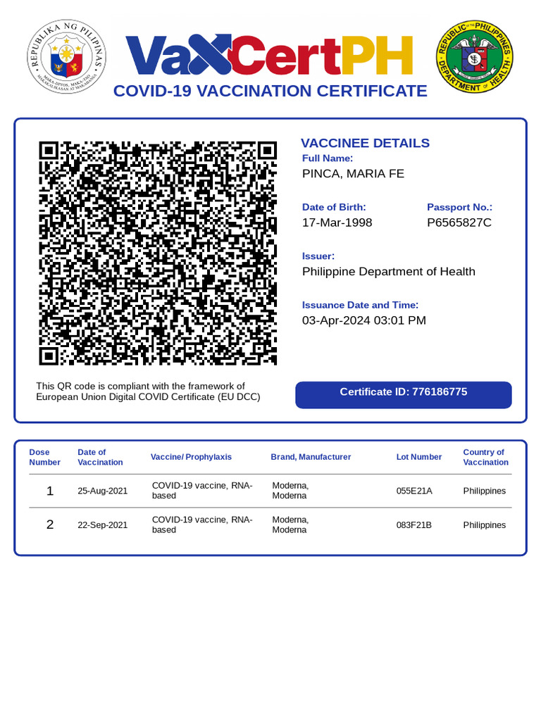 COVID-19 Vaccination Certificate for Maria Fe | PDF