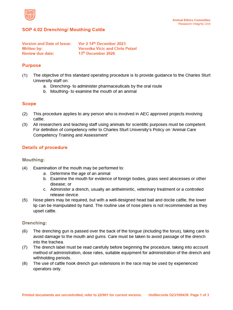 AEC SOP 4.02 Drenching Mouthing Cattle SOP010 | PDF | Medicine ...