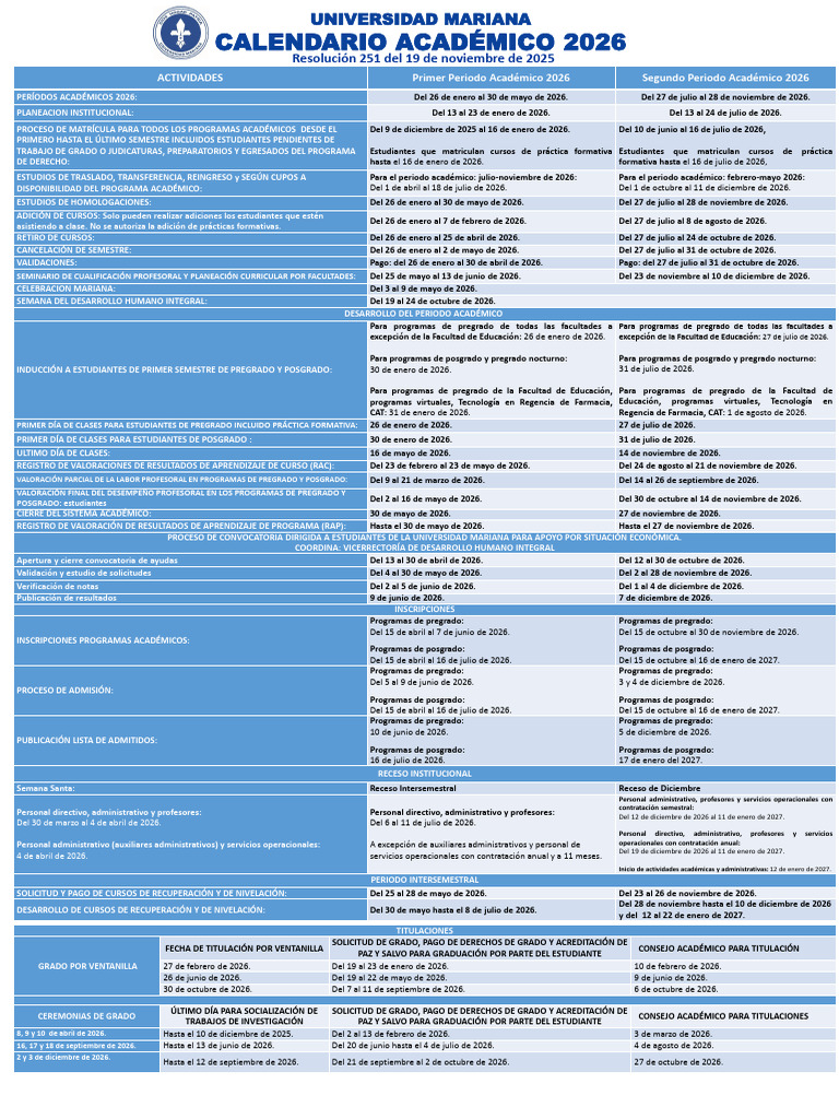 Calendario Académico 2026 Universidad Mariana | PDF
