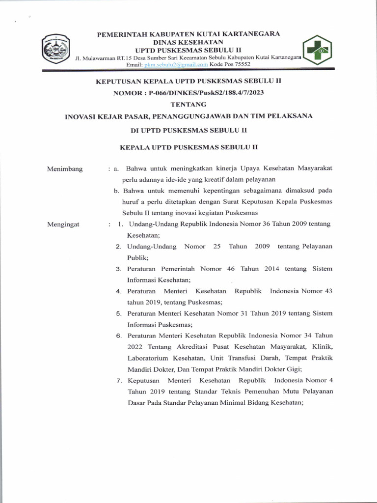 Sk Inovasi Kejar Pasar, Penanggung Jawab Dan Tim Pelaksana | PDF