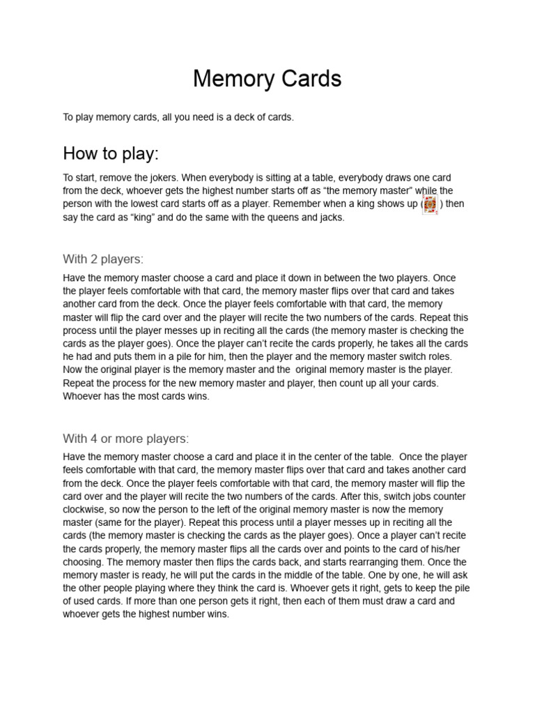 How to Play Memory Cards Game | PDF | Playing Cards | Tabletop Games