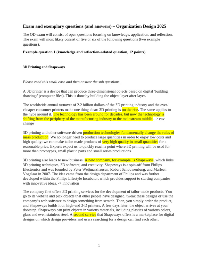 Organization Design Exam Questions 2025 | PDF | 3 D Printing | Printer ...