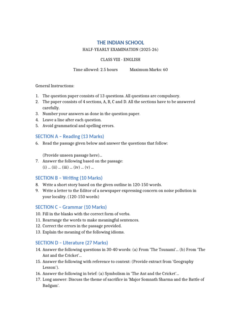 English Half Yearly Sample Paper1 | PDF