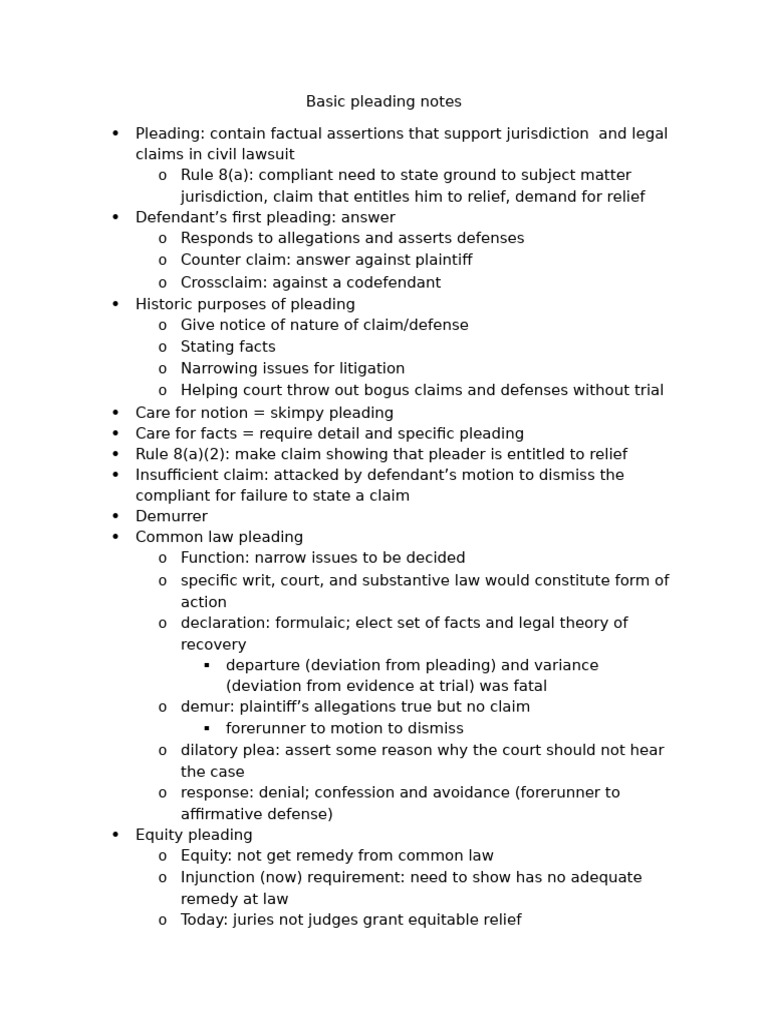 Basic pleading notes | PDF | Pleading | Demurrer